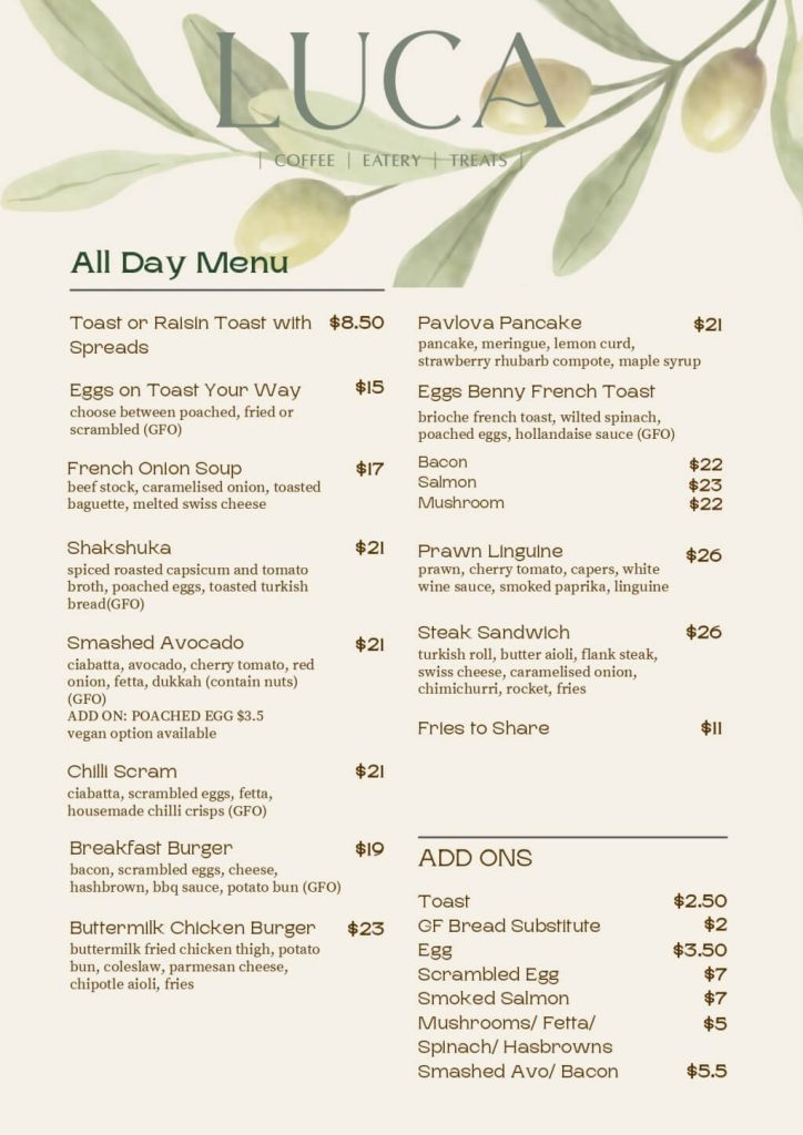 Menu - LUCA | Coffee | Eatery | Treats