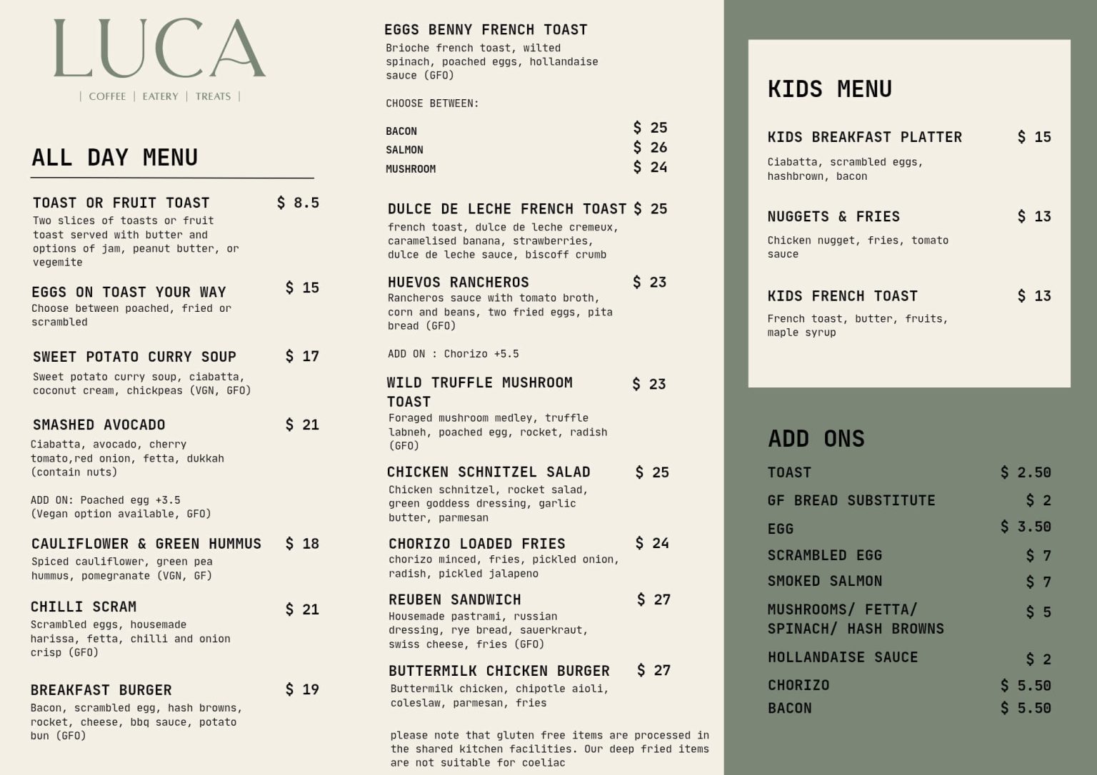 Menu - LUCA | Coffee | Eatery | Treats
