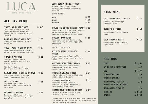 Menu - LUCA | Coffee | Eatery | Treats