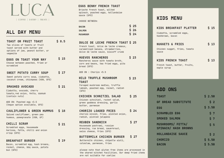 Menu - LUCA | Coffee | Eatery | Treats